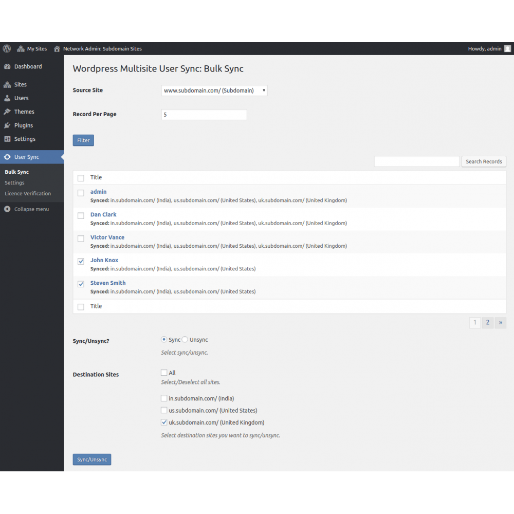 WordPress Multisite User Sync/Unsync